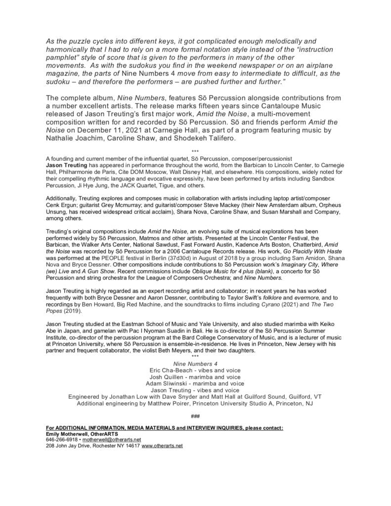 Jason Treuting's "Nine Numbers 4" digital EP, featuring Sō Percussion ...