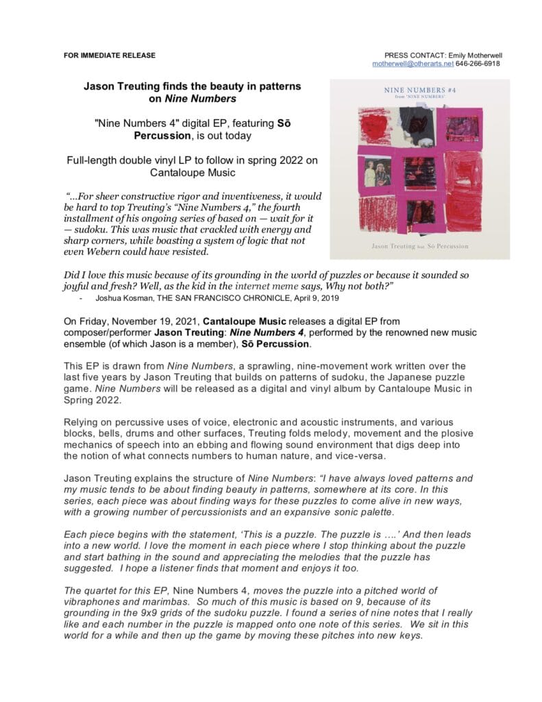 Jason Treuting's "Nine Numbers 4" digital EP, featuring Sō Percussion ...